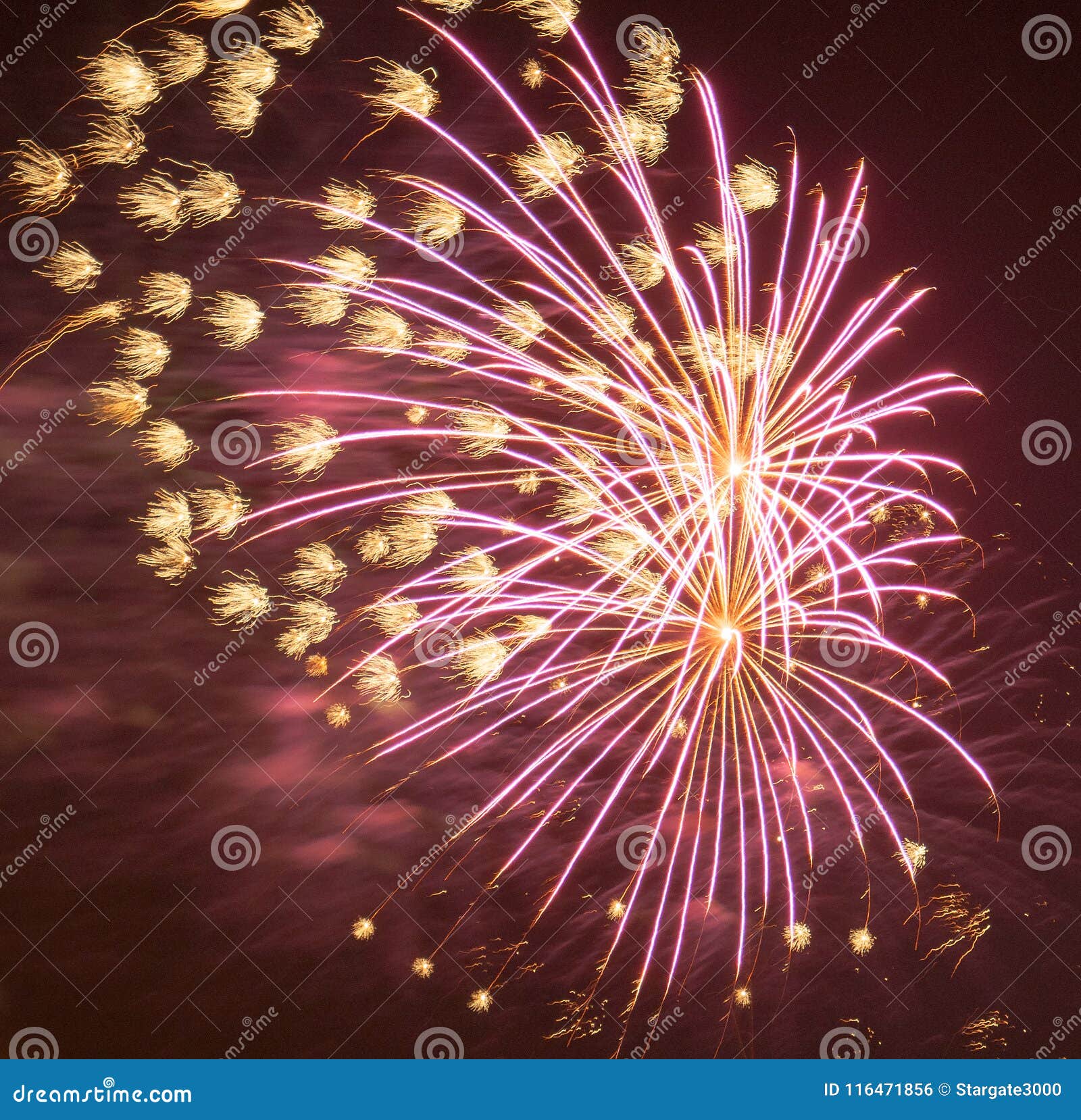 Pretty Fireworks in the Night Time Sky. Stock Photo - Image of ...