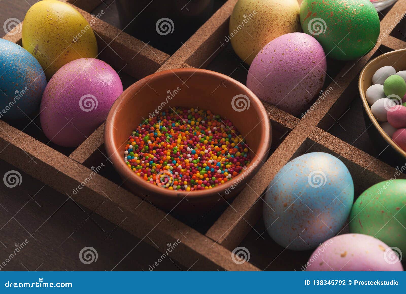 Colourful Eggs and Sprinkles on Dark Background Stock Photo - Image of ...