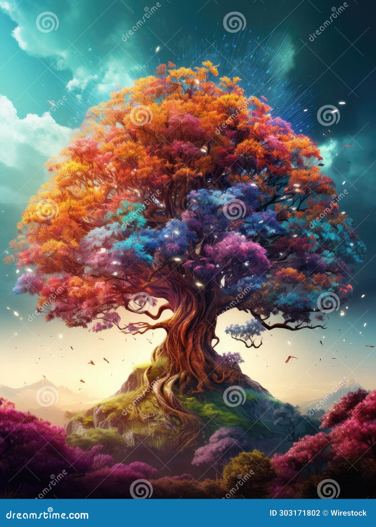 Colourful Enchanted Tree with an Intricate Trunk Stock Illustration ...