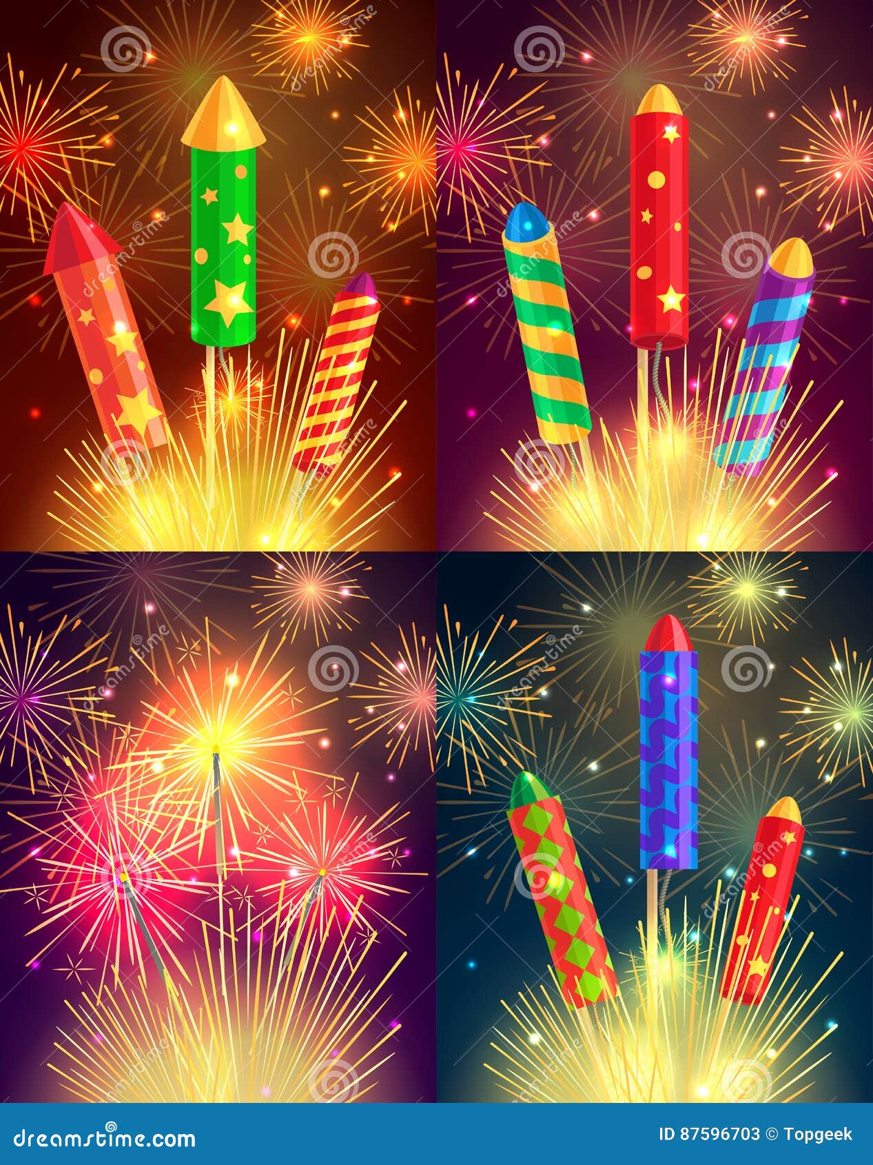 Colourful Exploding Rockets On Bright Background Cartoon Vector ...