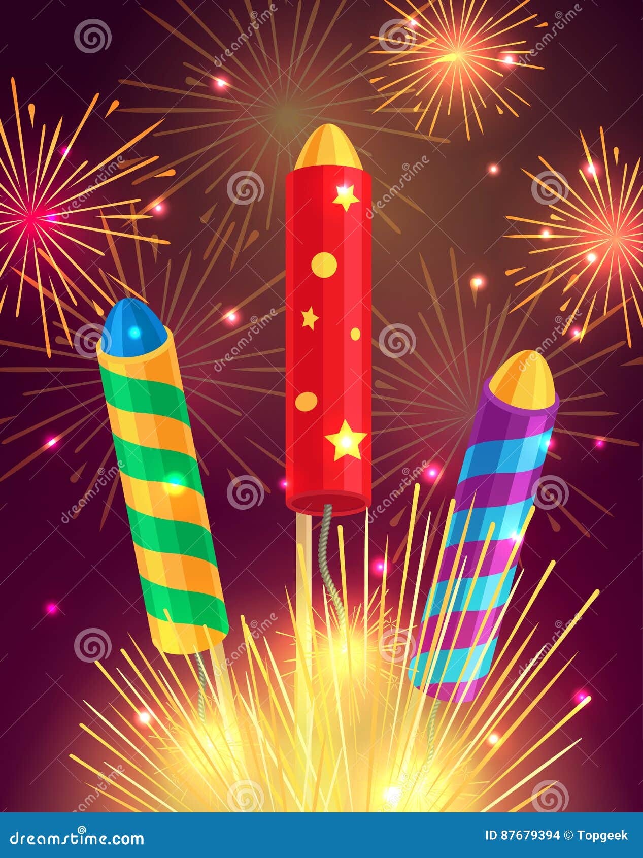 Colourful Exploding Rockets On Bright Background Cartoon Vector ...