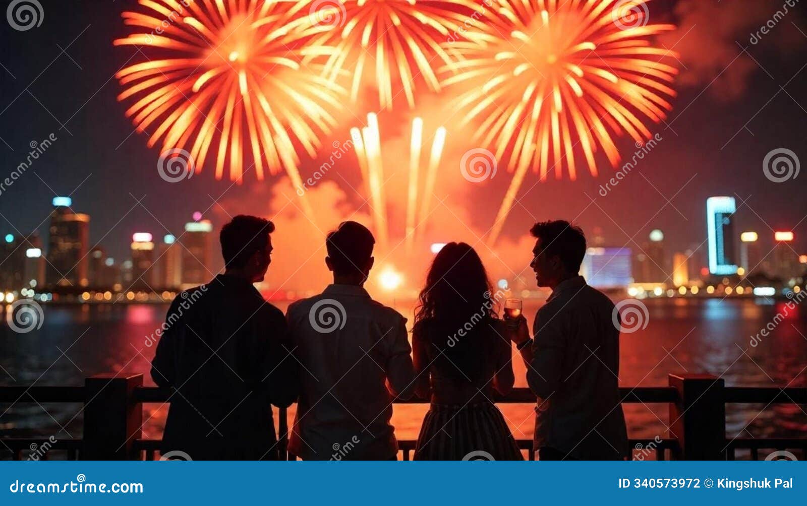 Colourful Fireworks Exploding Over a City Skyline at Night. Stock Photo ...