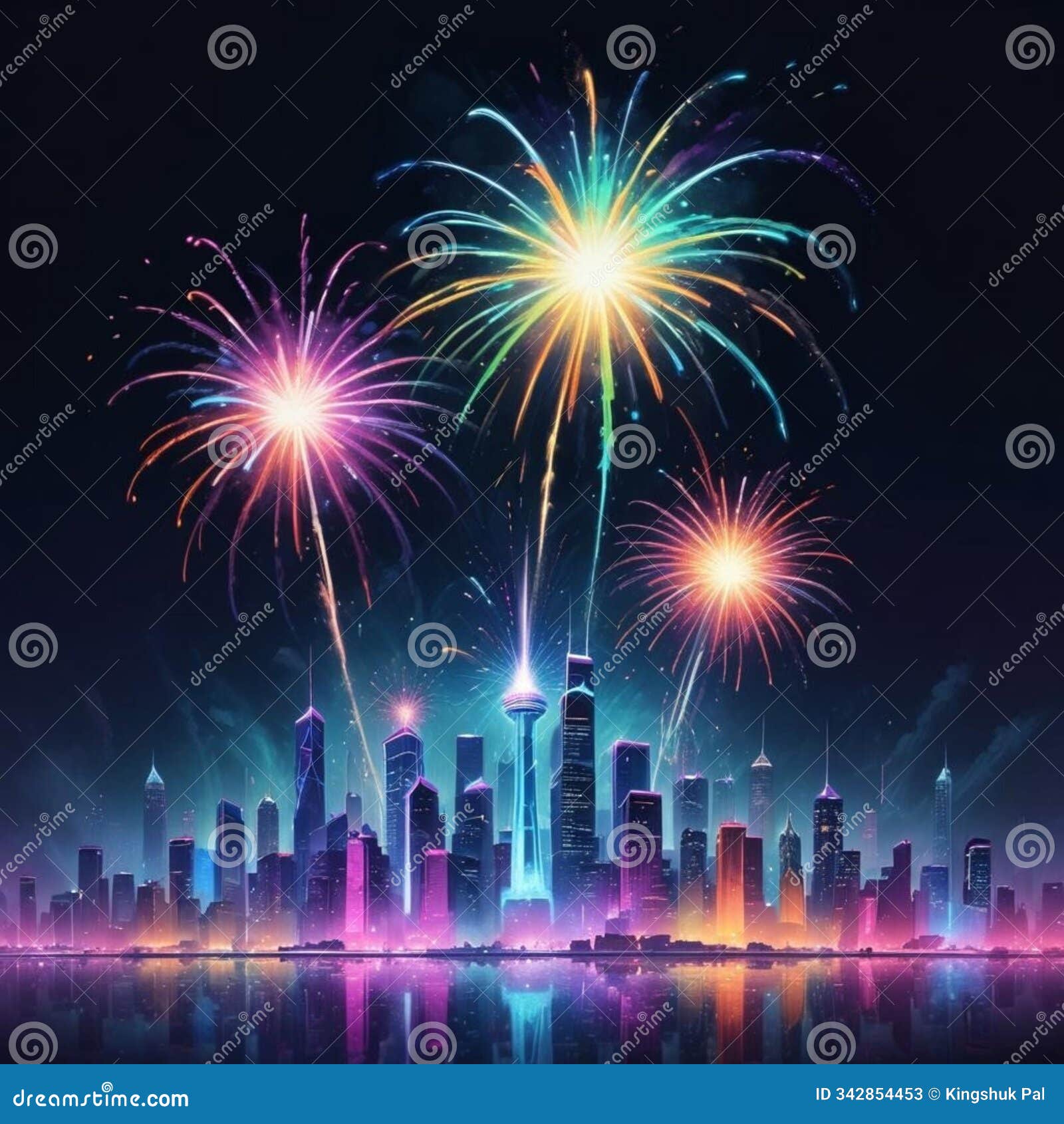 Colourful Fireworks Exploding Over a Futuristic City Skyline with Neon ...