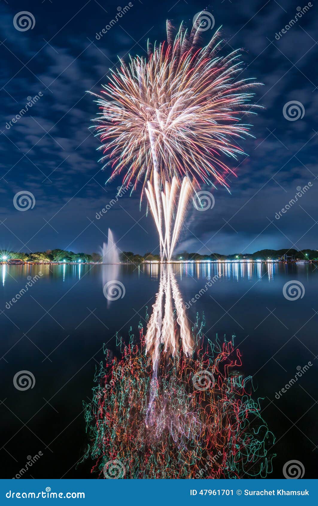 Colourful Fireworks with a Reflection on the Water for Celebration ...