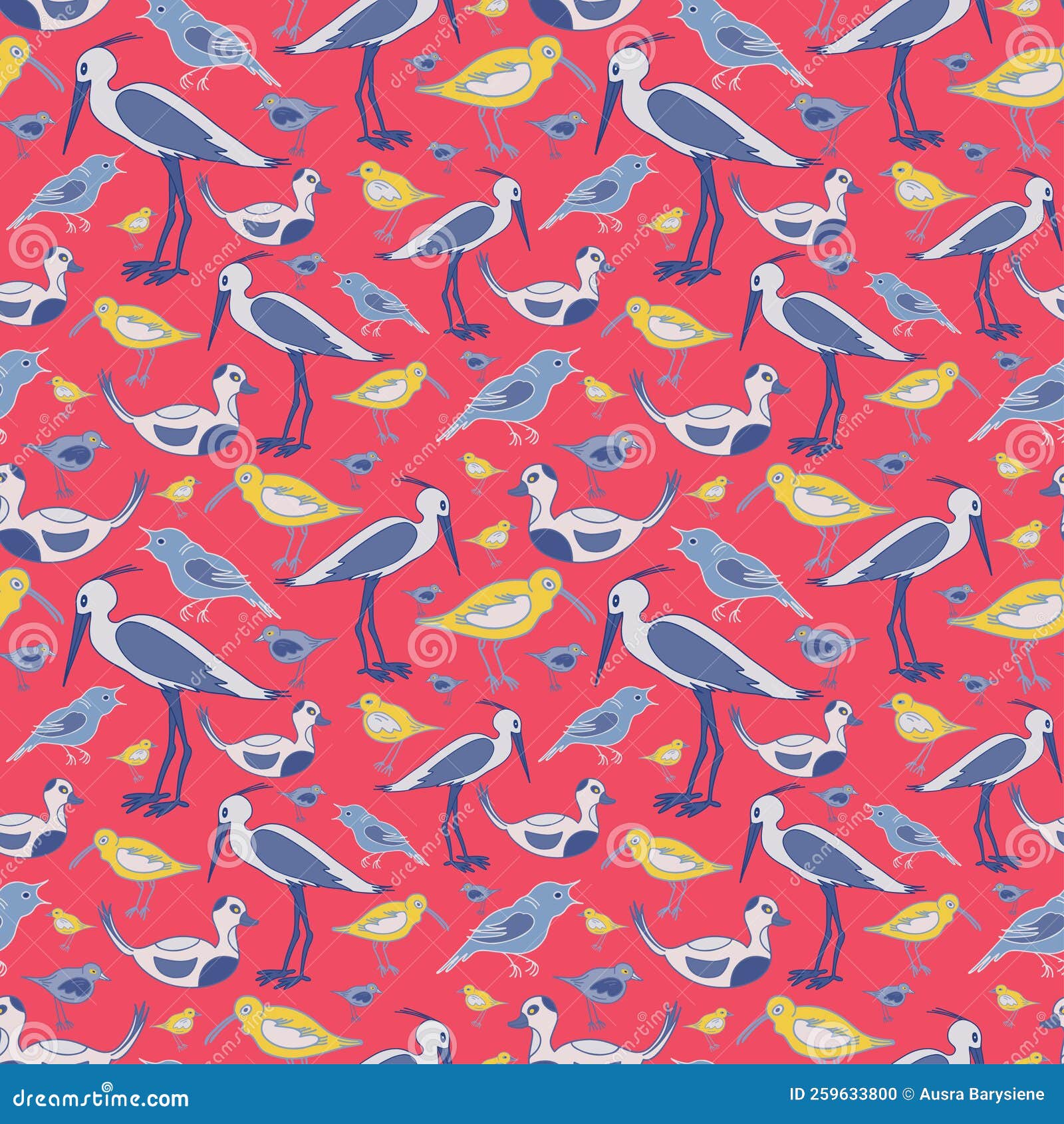 Colourful Flat Hand Drawn Birds Seamless Pattern on Red Background ...