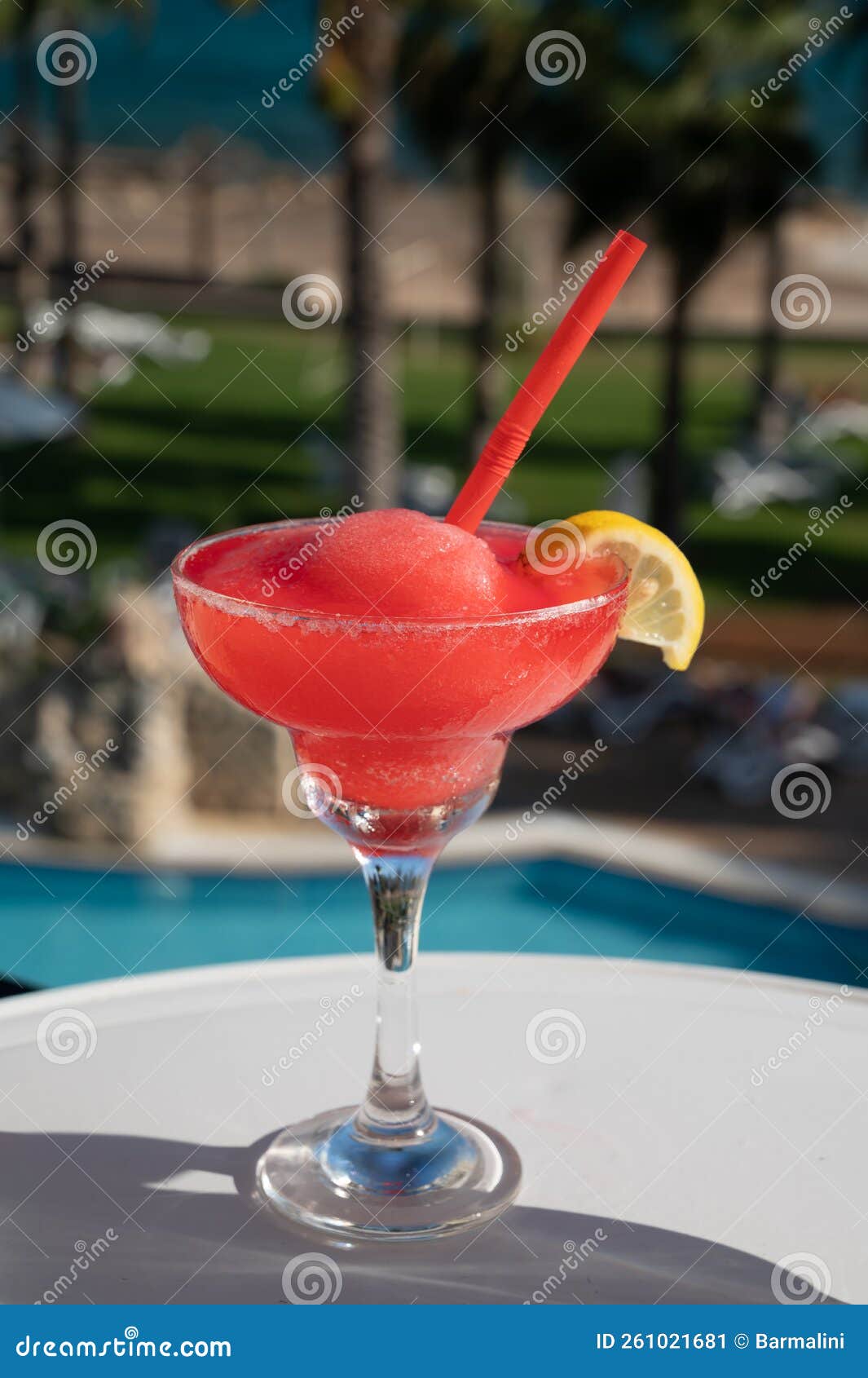 Colourful Cold Strawberry Daiquiri Cocktail Drink Served In Glass At