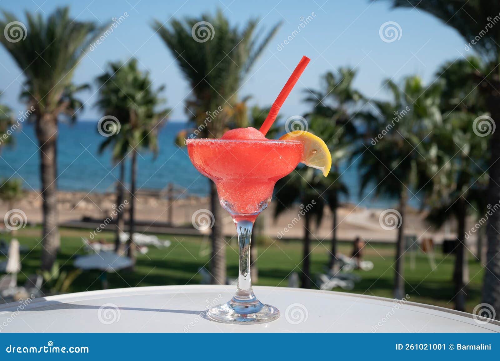Colourful Cold Strawberry Daiquiri Cocktail Drink Served In Glass At
