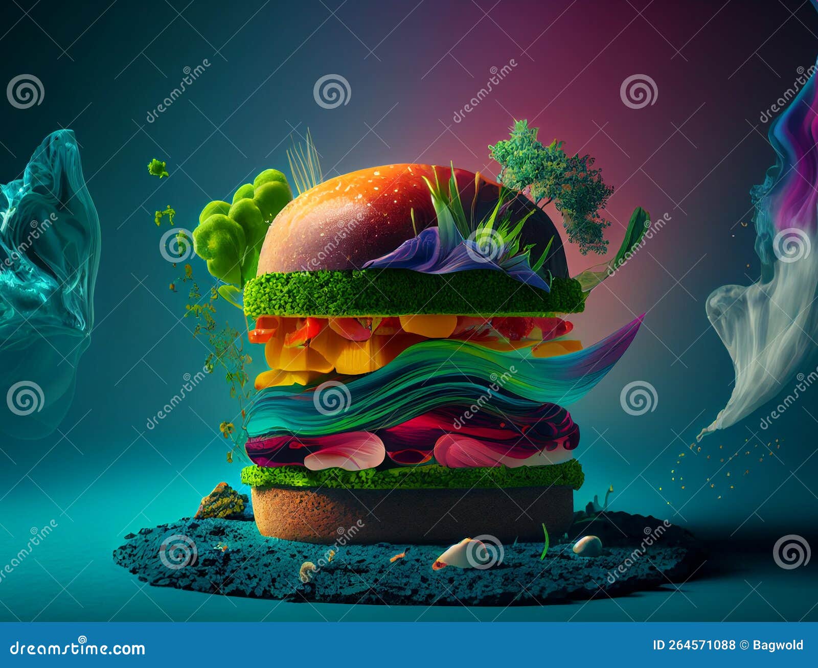 Colourful Generative AI IllustrationColourful Surreal Vegan Burger ... Colourful Generative AI IllustrationColourful Surreal Vegan Burger ...
