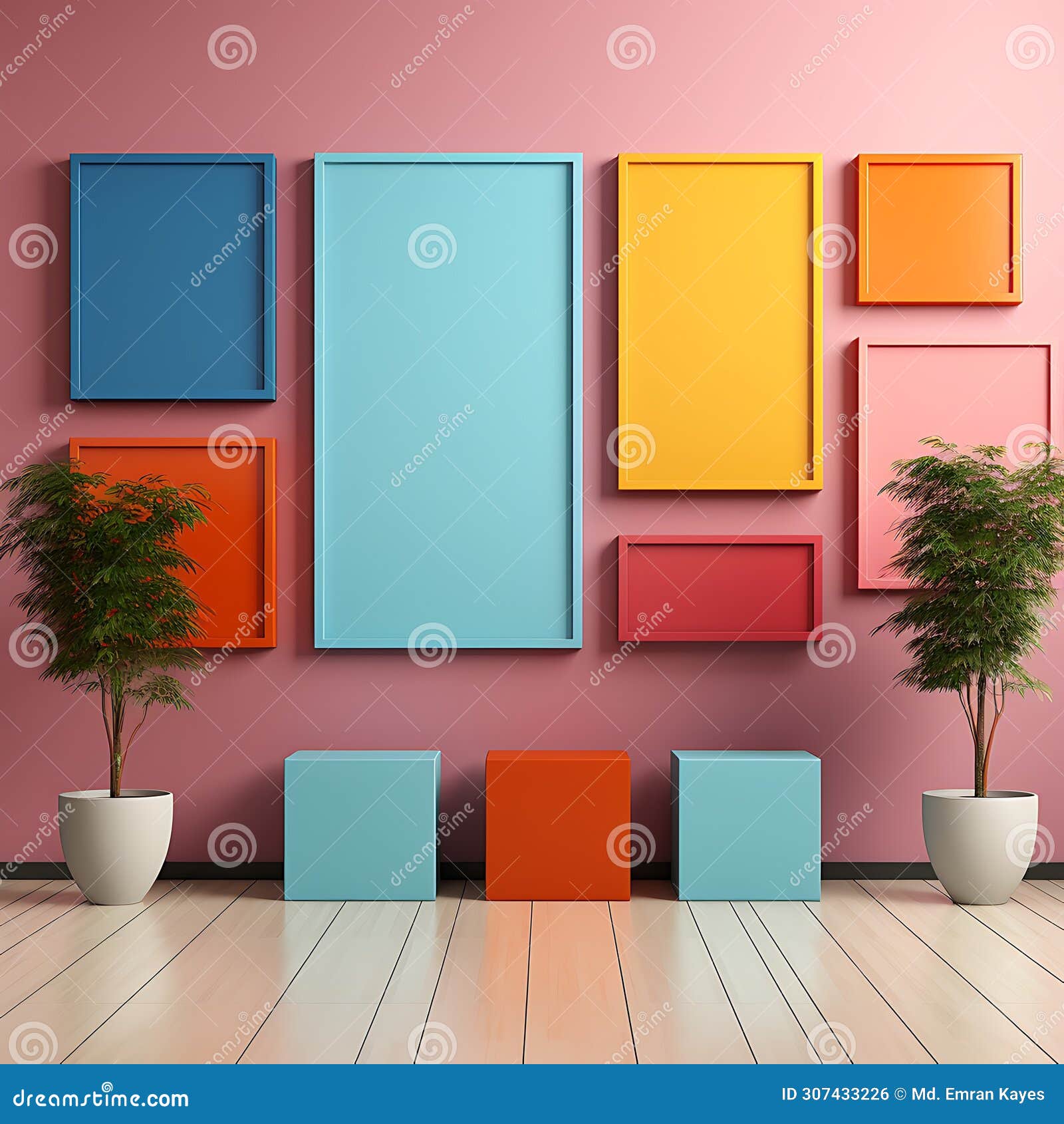 Colourful Geometric Pattern Room Interior with Plant, 3D Rendering ...