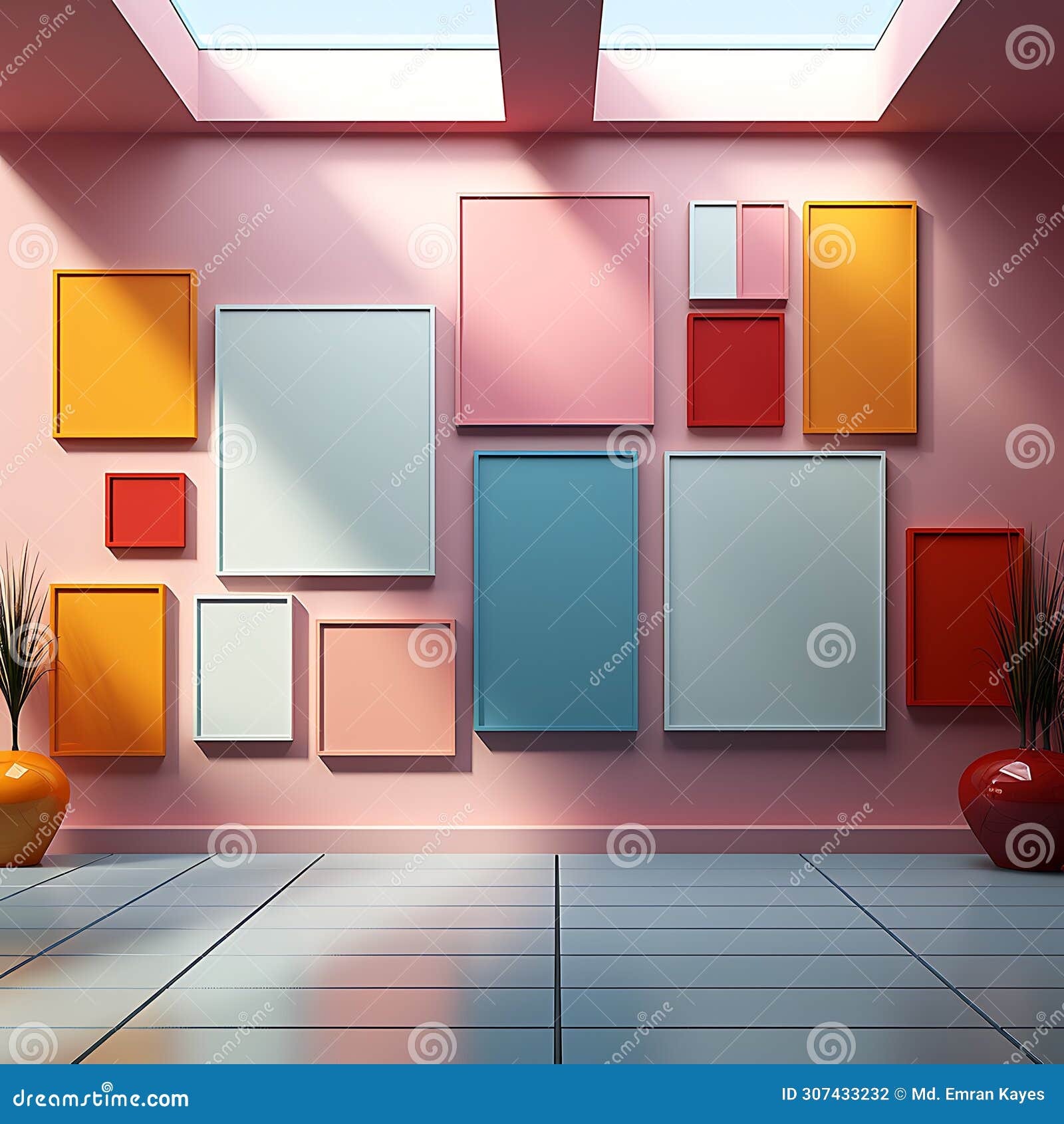 Colourful Geometric Pattern Room Interior with Plant, 3D Rendering ...