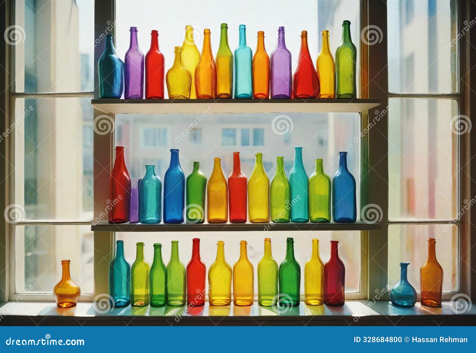 Colourful Glass Bottles on a Shelf in Front of a Window Stock ...