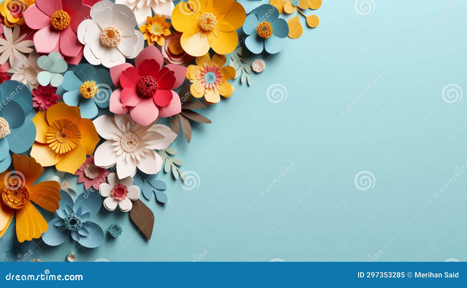 Colourful Handmade Paper Flowers on Light Blue Background, AI ...