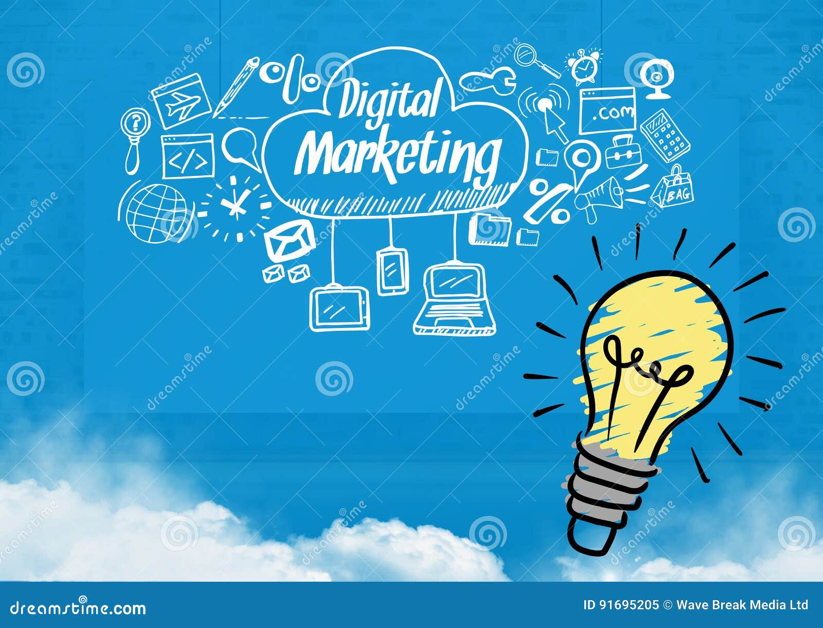 Colourful Lightbulb and Digital Marketing Text with Drawings Graphics ...