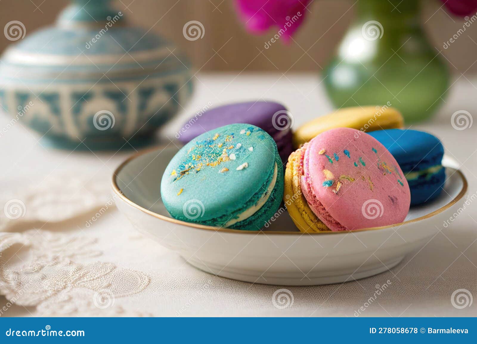 Colourful Macarons on Simple Plate in Modern White Kitchen. Generative ...