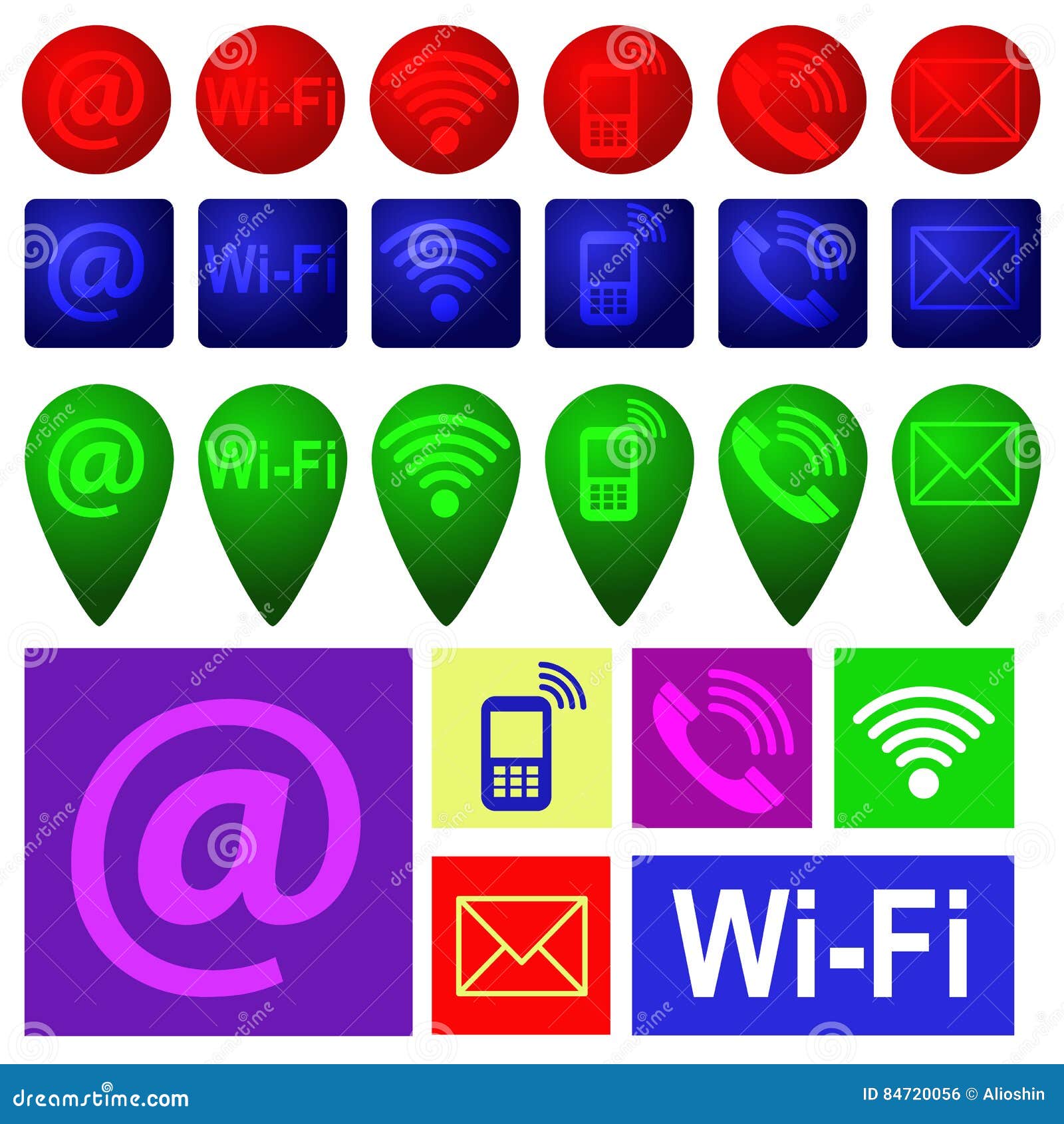 Colourful Mobile, Sms and E-mail Icons of Different Shapes. Vector ...