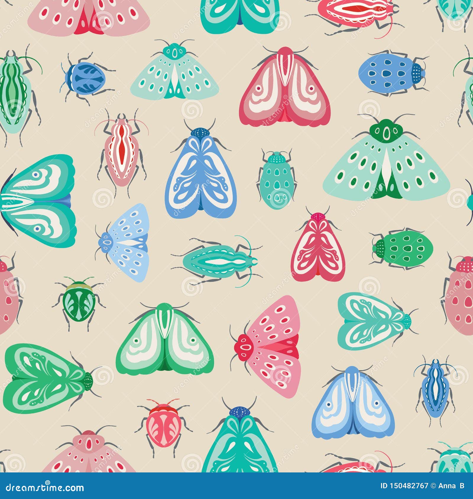 Colourful Moths and Beetles Seamless Repeat Pattern. a Vector Design of ...