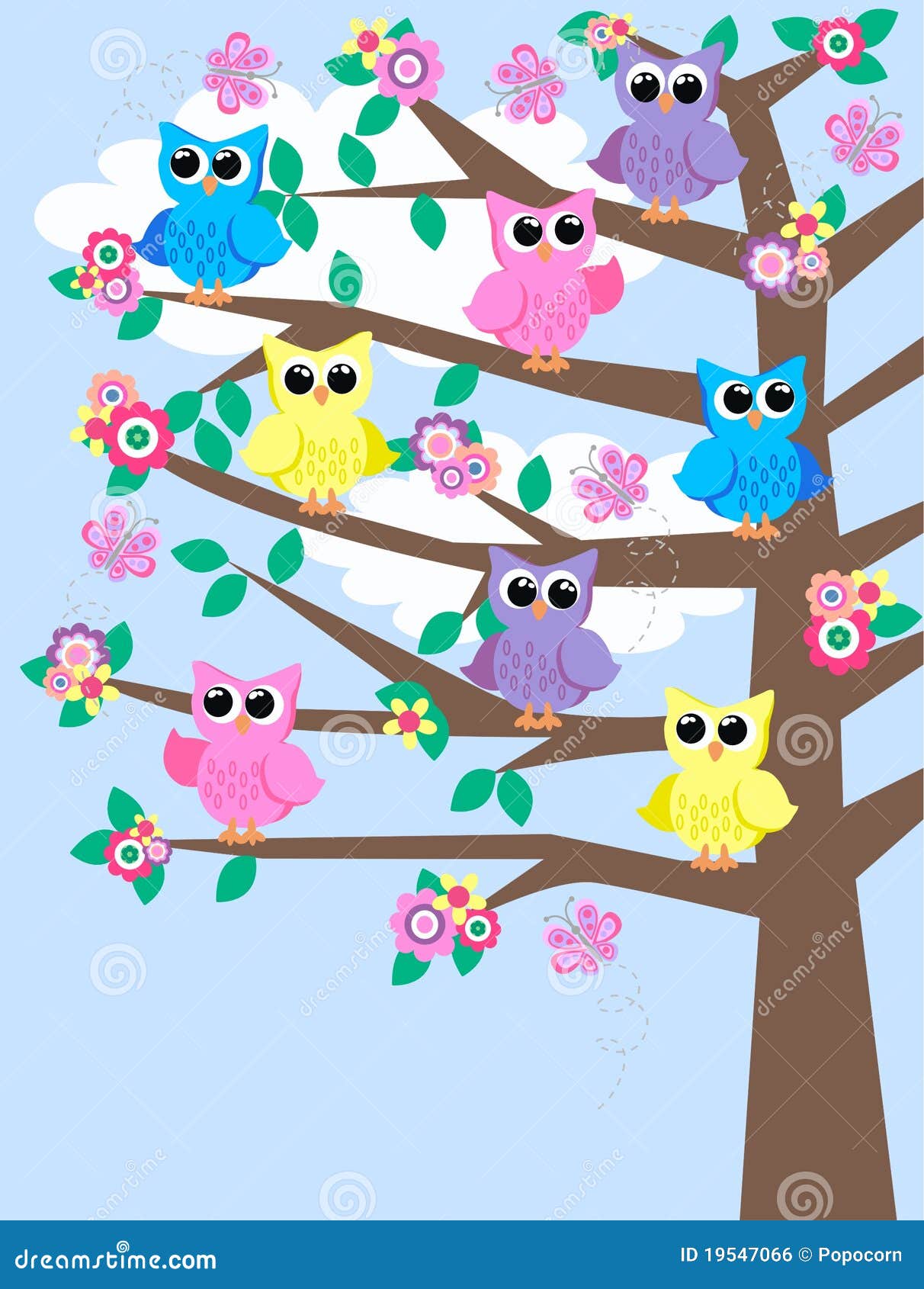 Colourful owls in a tree stock vector. Illustration of bloomings - 19547066