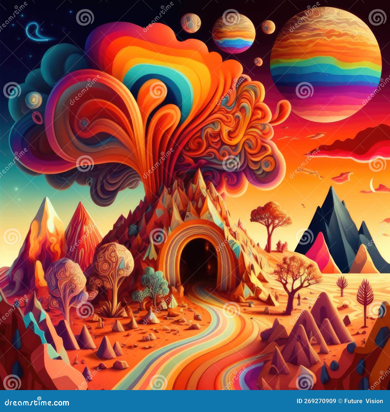 Colourful and Psychedelic Planets with Mountains and Trees, Created ...