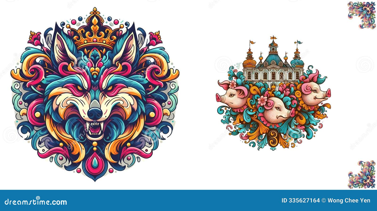 Colourful Rococo Illustration of the Little Pigs and Wolf Stock ...