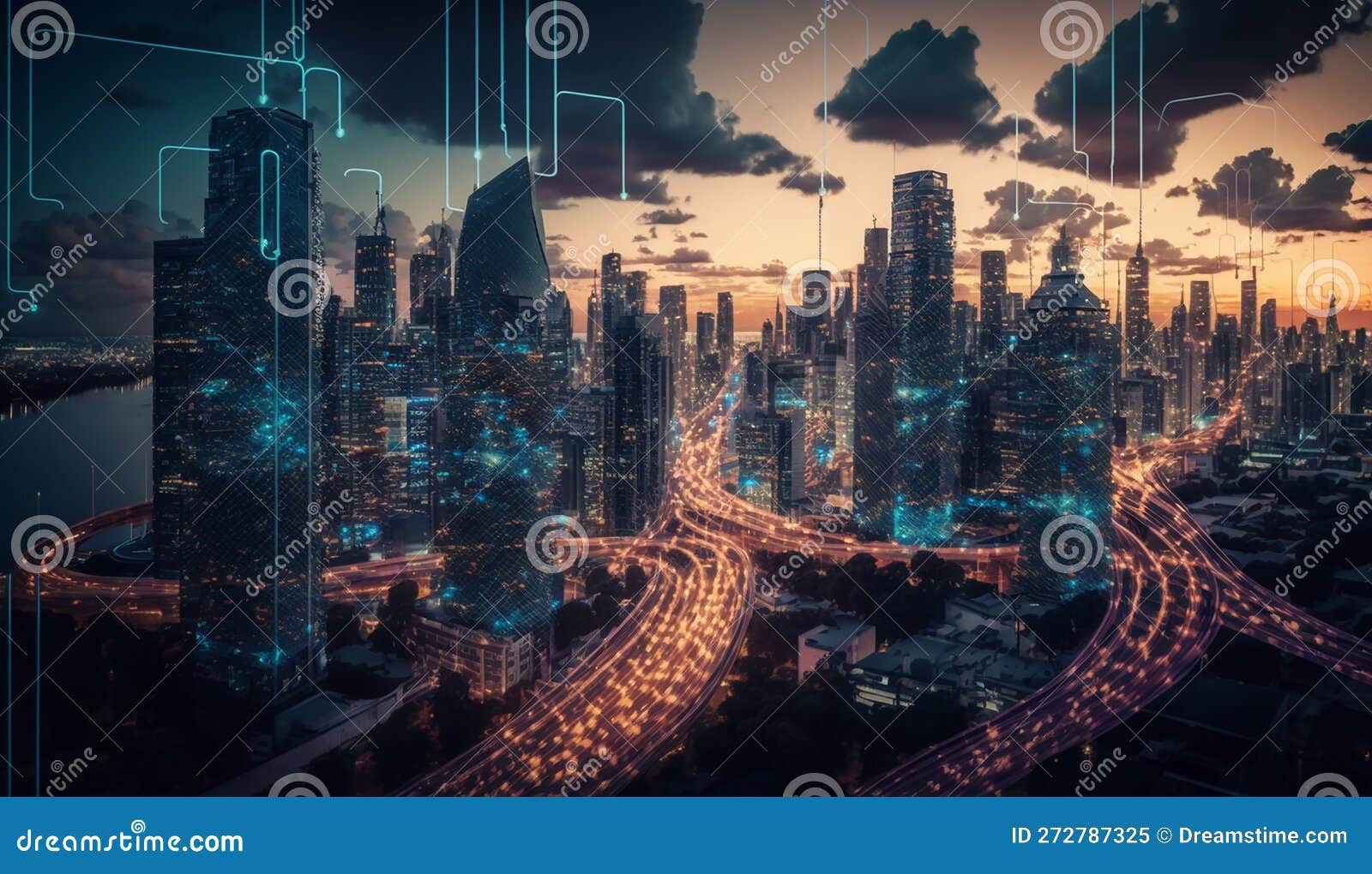 Colourful Smart City and Connection Technology Concept, Illustration of ...
