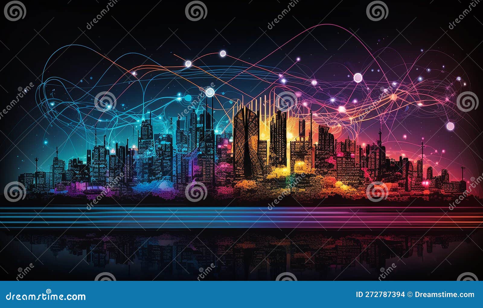 Colourful Smart City and Connection Technology Concept, Illustration of ...