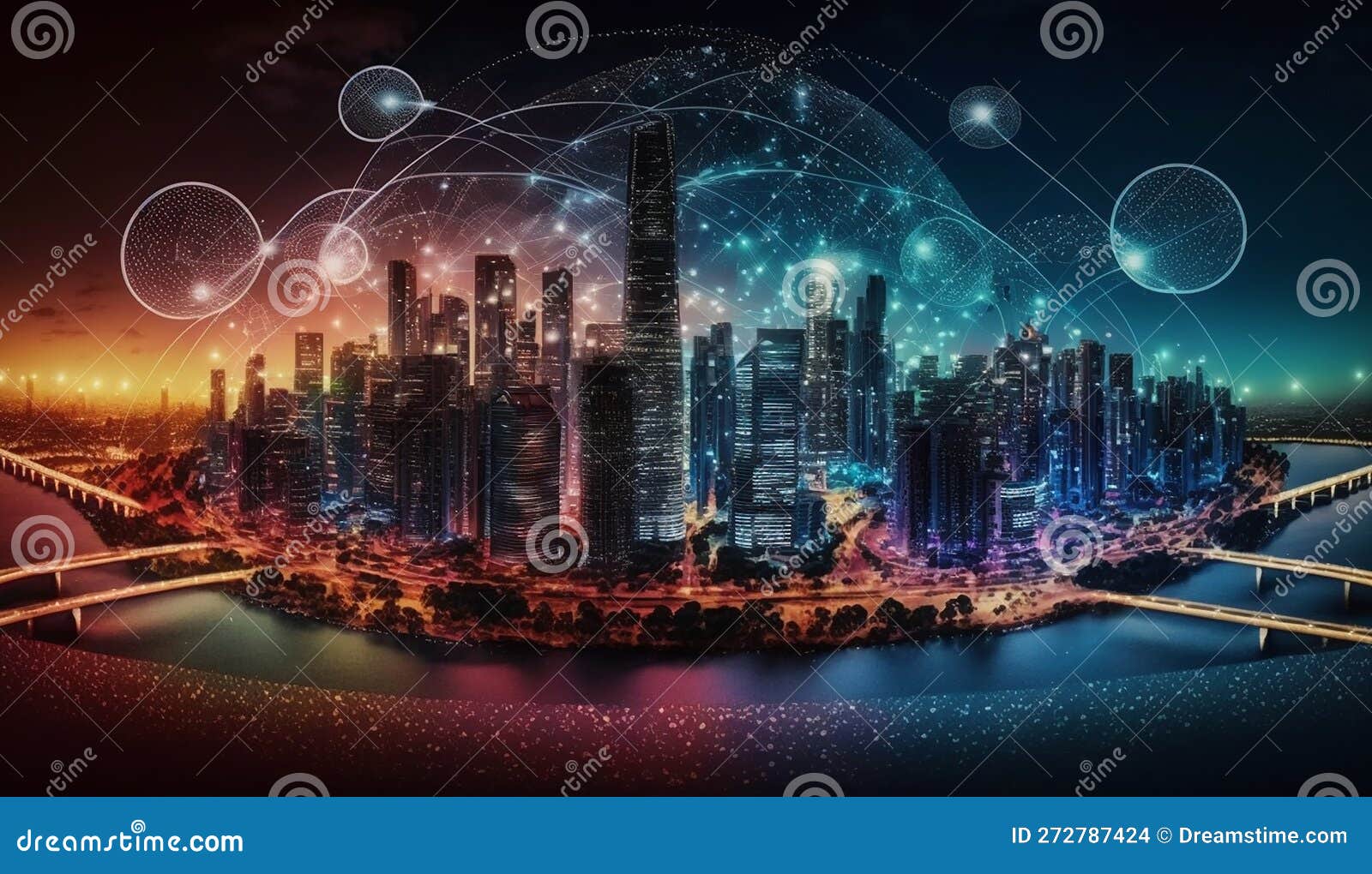 Colourful Smart City and Connection Technology Concept, Illustration of ...