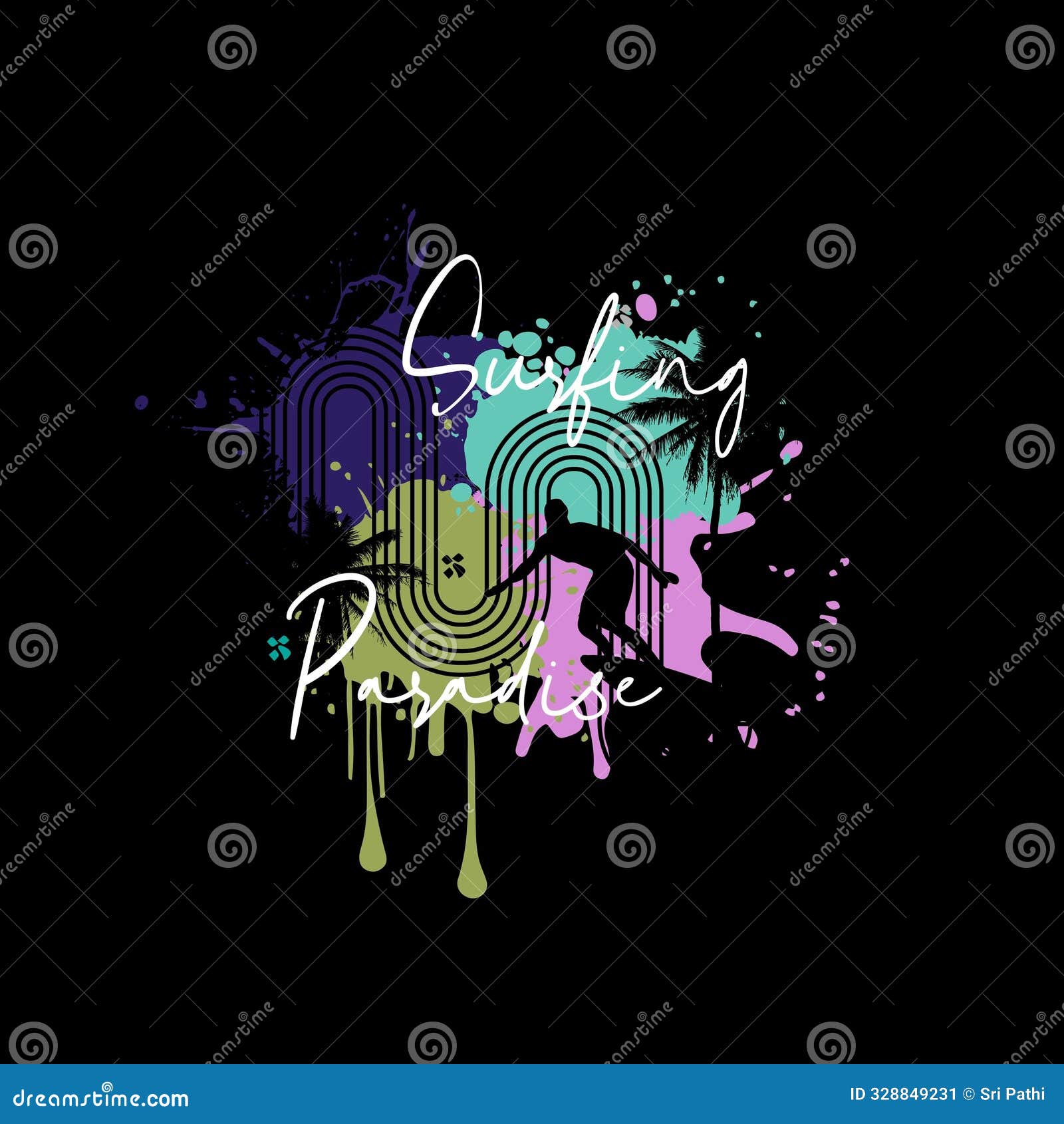 Colourful Splatter Surfing Paradise Graphic Design Stock Vector ...