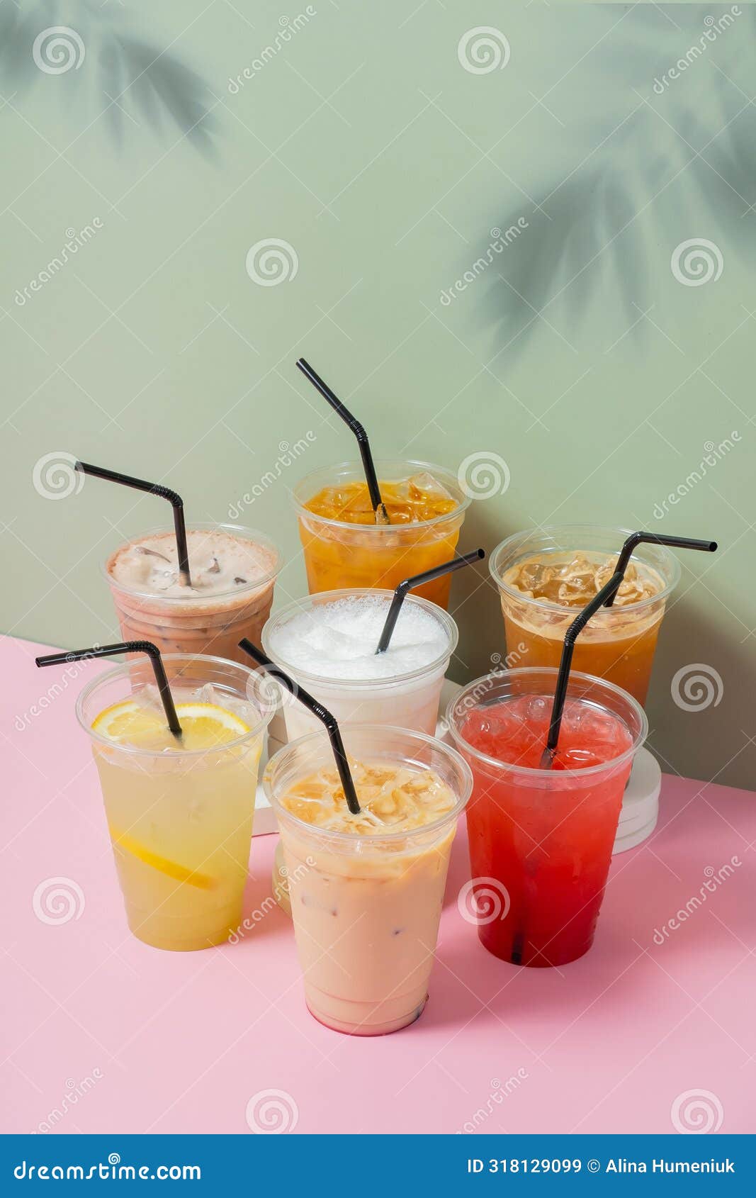 Colourful Summer Drinks with Ice. Lemonades and Coctails on Colored ...