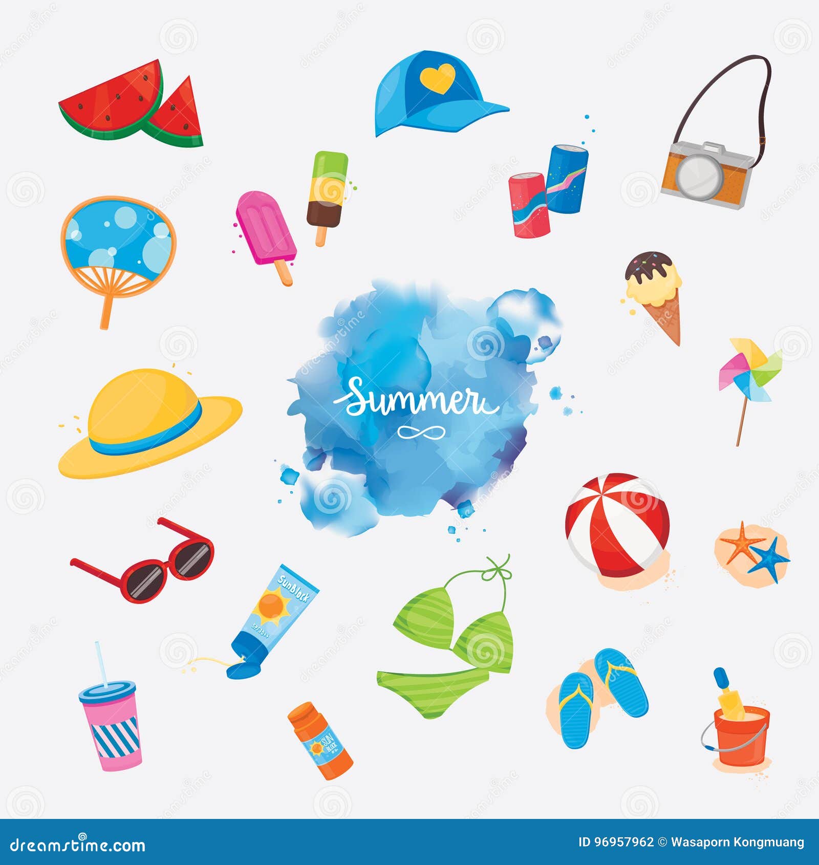 Colourful Summer Objects in Water Colour Styles. Stock Vector ...