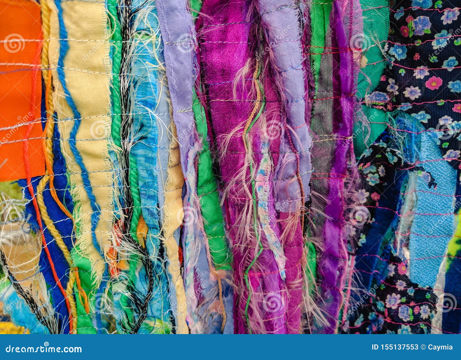 Colourful Textured Fabric Strips Sewn Together. Textile Art Background ...