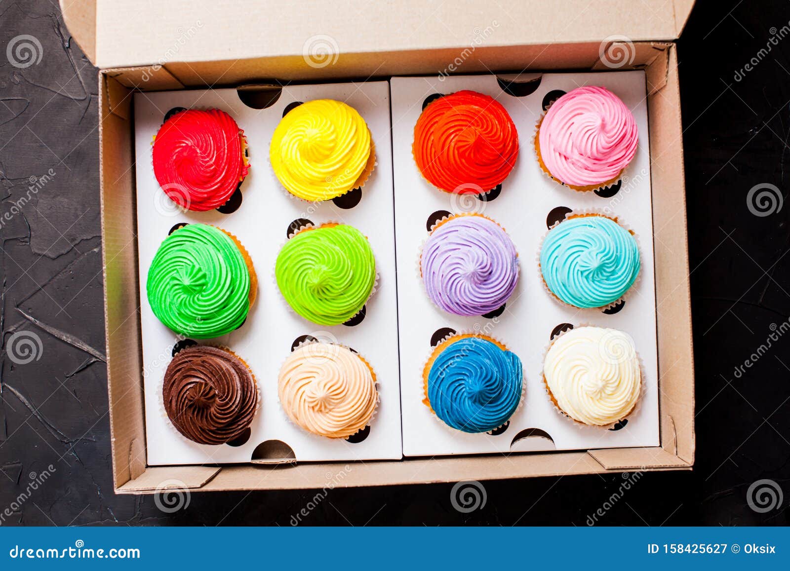 Colourfull Rainbow Cupcakes Top View in the Box Stock Image - Image of ...