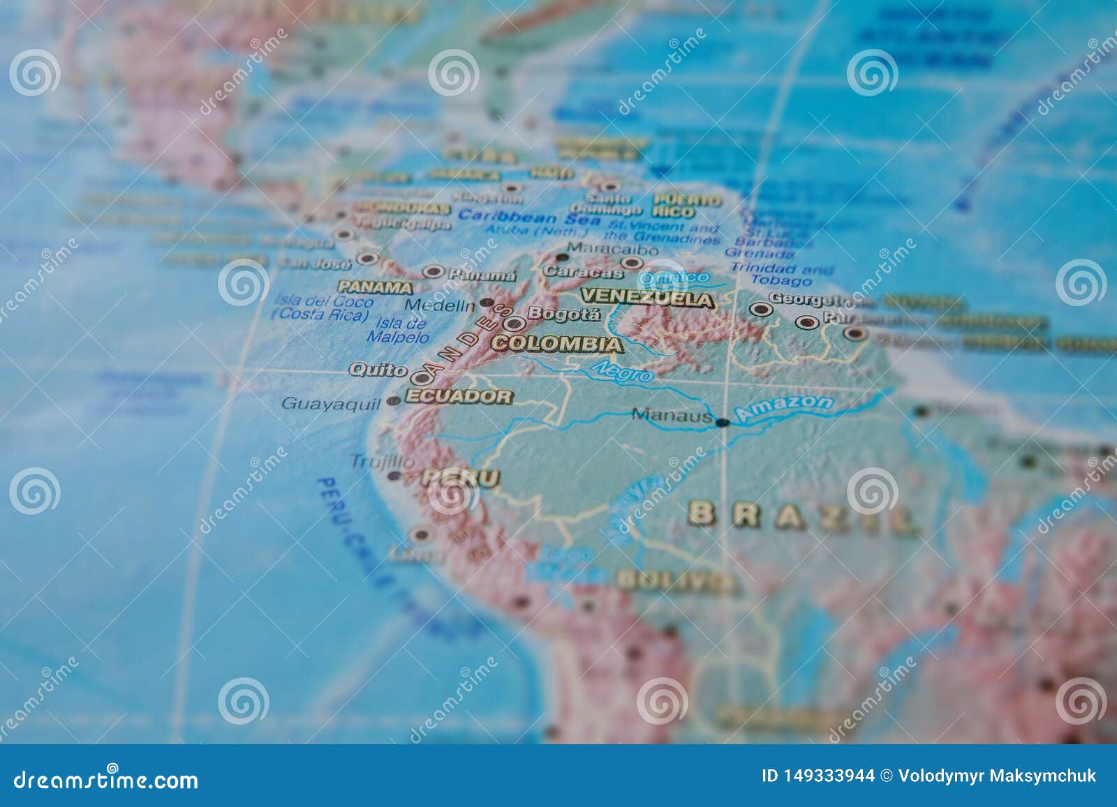 Columbia in Close Up on the Map. Focus on the Name of Country Stock ...