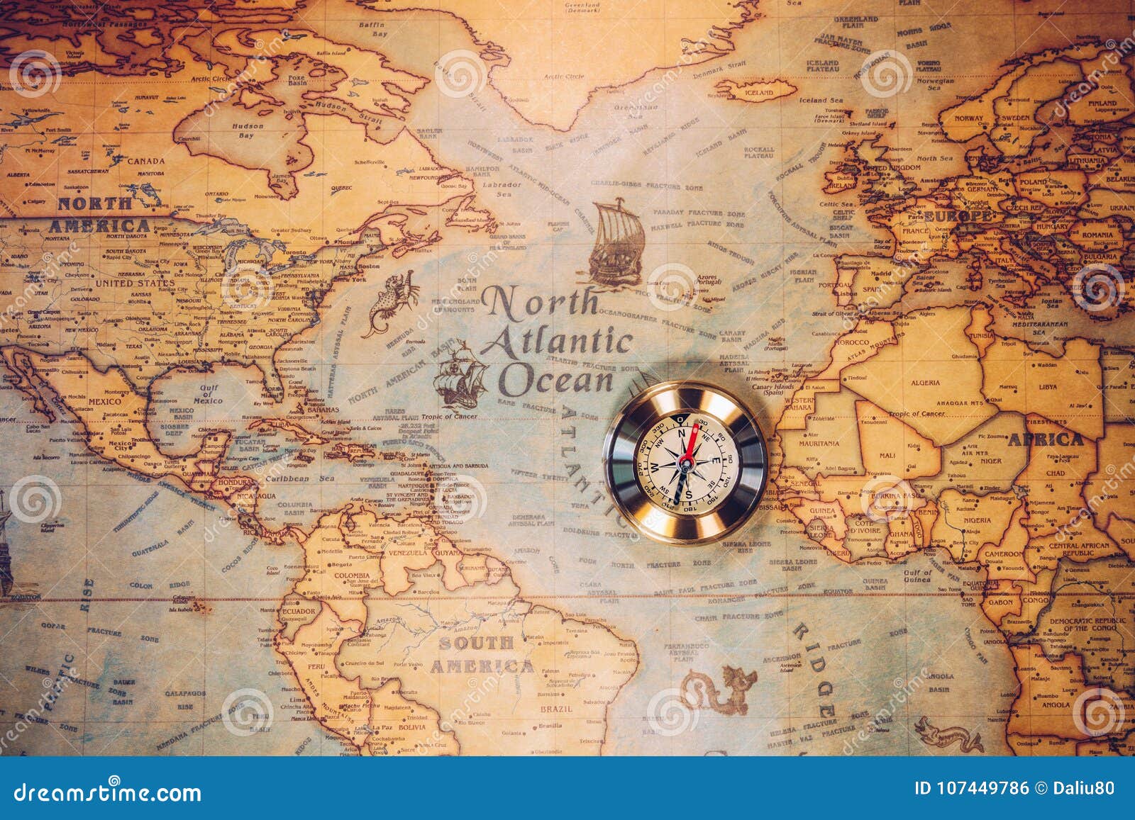 Columbus Day and World Map with Compass Stock Photo - Image of antique ...