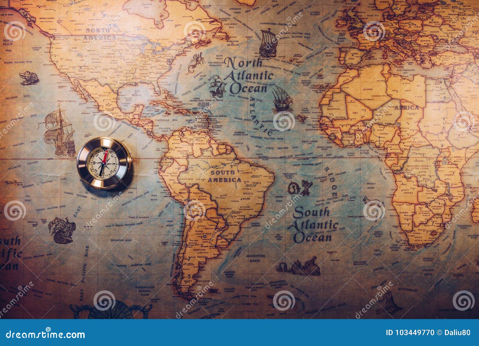 Columbus Day and World Map with Compass Stock Photo - Image of antique ...