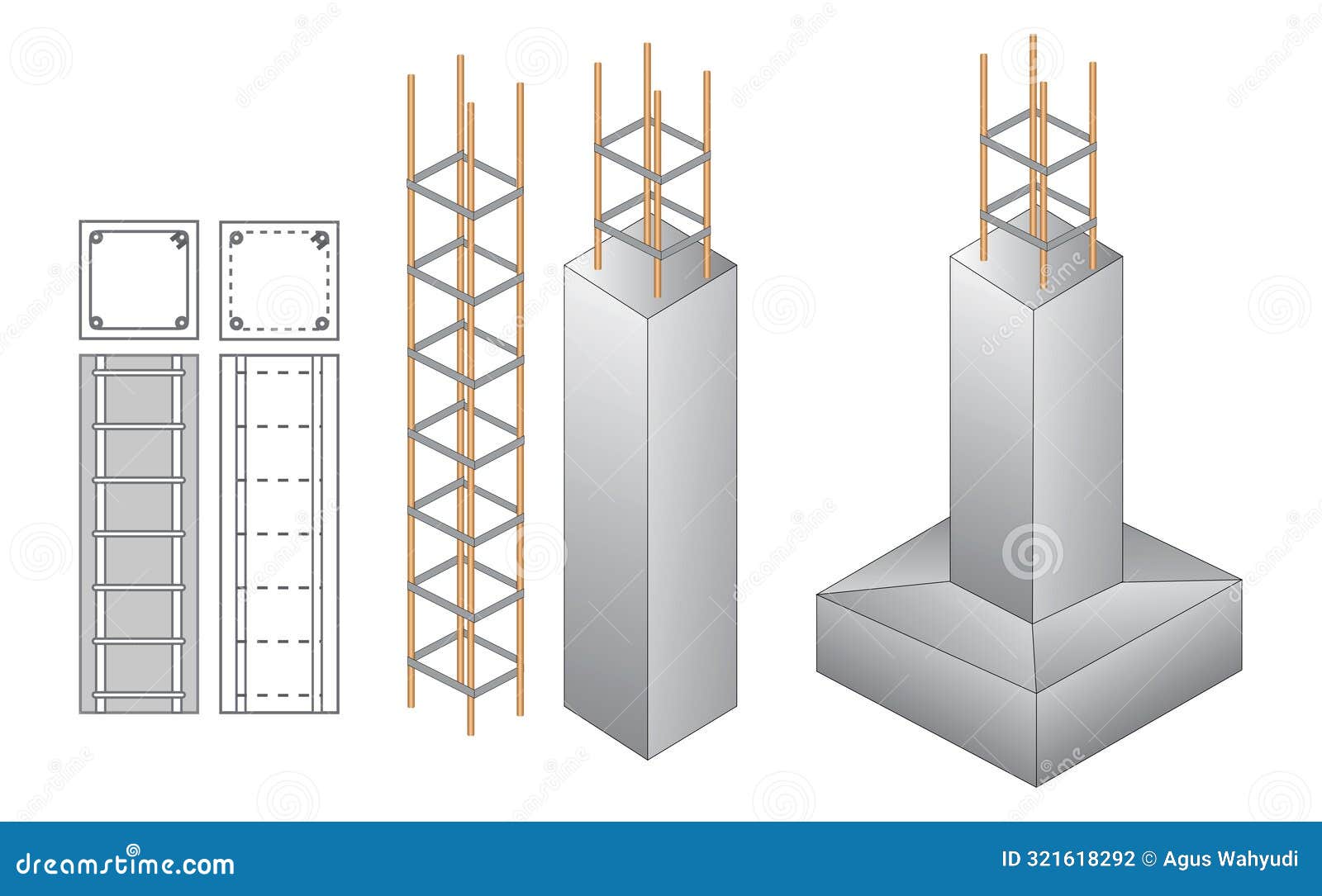 Set of Steel Column Foundation in Reinforced Concrete Block. 3D ...