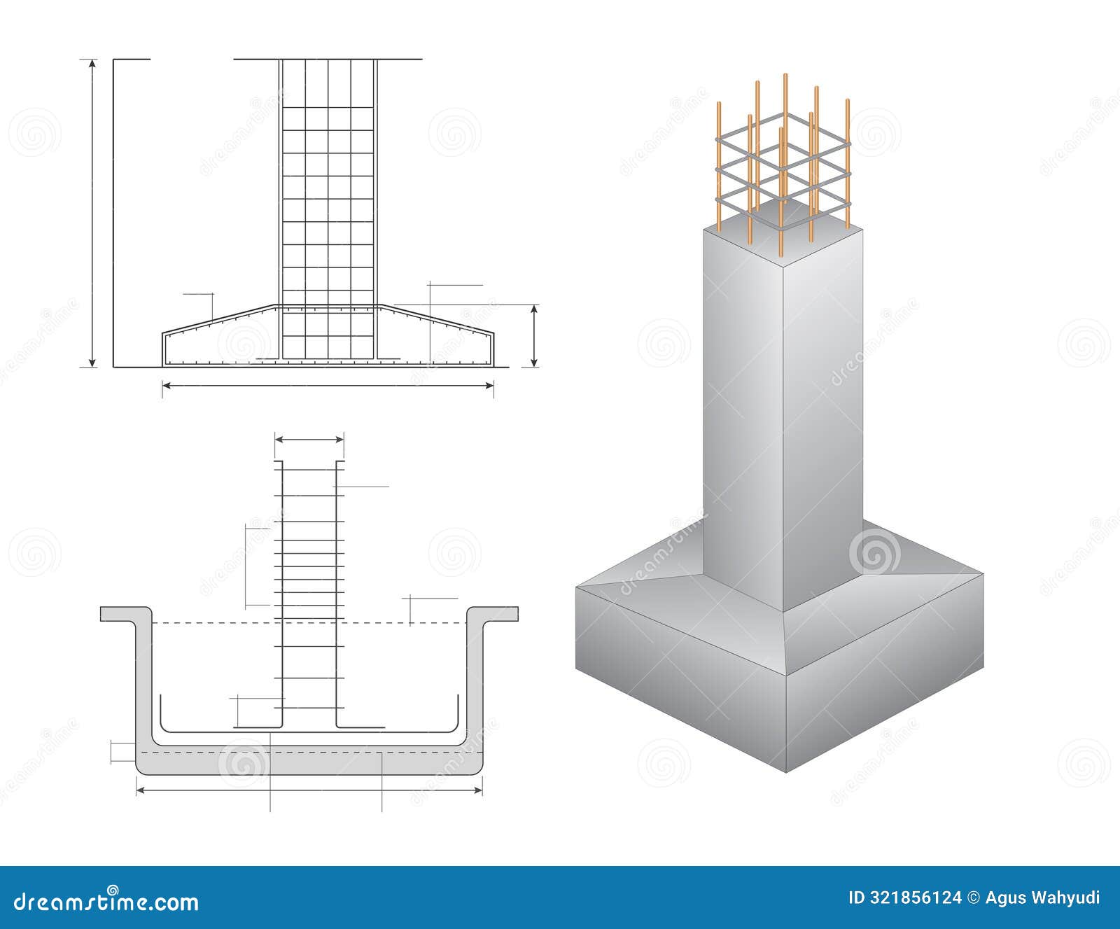 Set of Steel Column Foundation in Reinforced Concrete Block. 3D ...