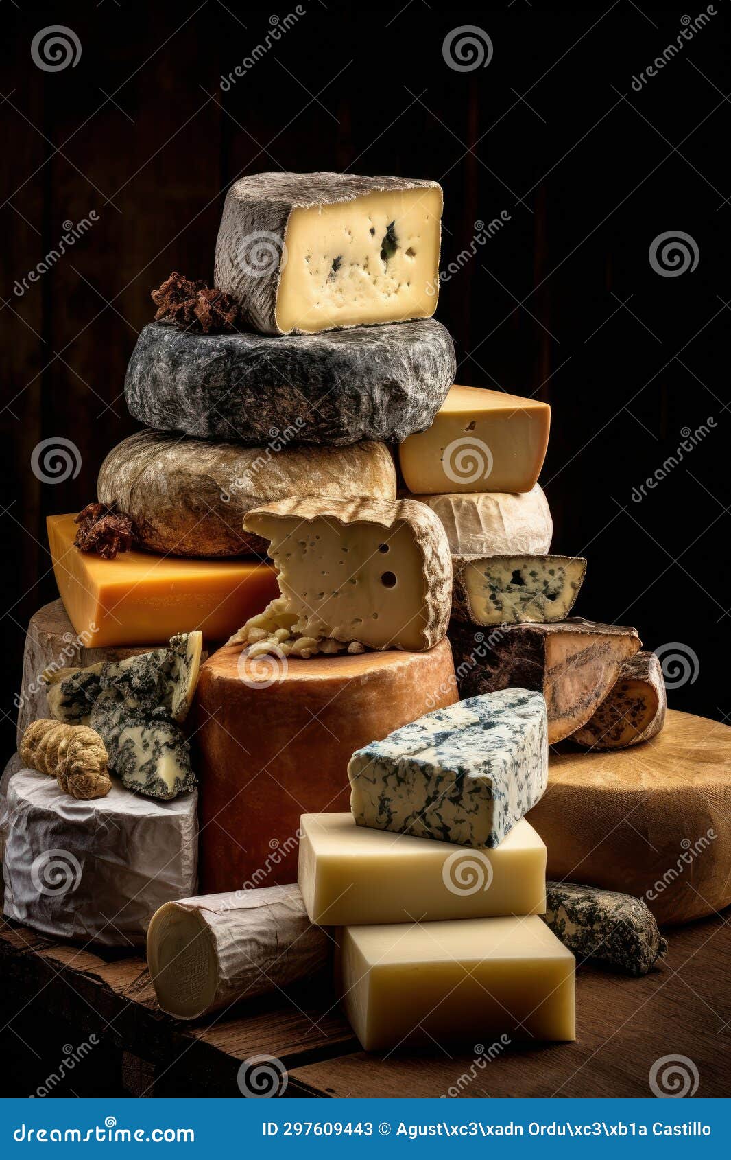 Column of Different Cheeses, on a Black Background. Stock Illustration ...