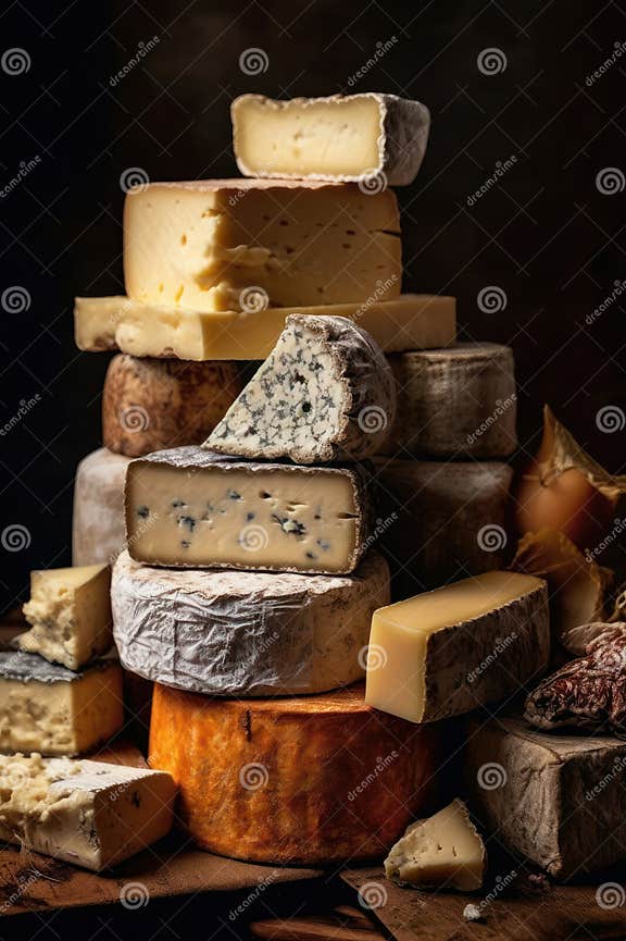 Column of Different Cheeses, on a Black Background. Stock Illustration ...