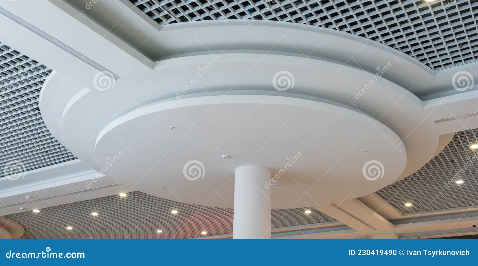 Column in Interior with Suspended and Grid Ceiling with Halogen Spots ...