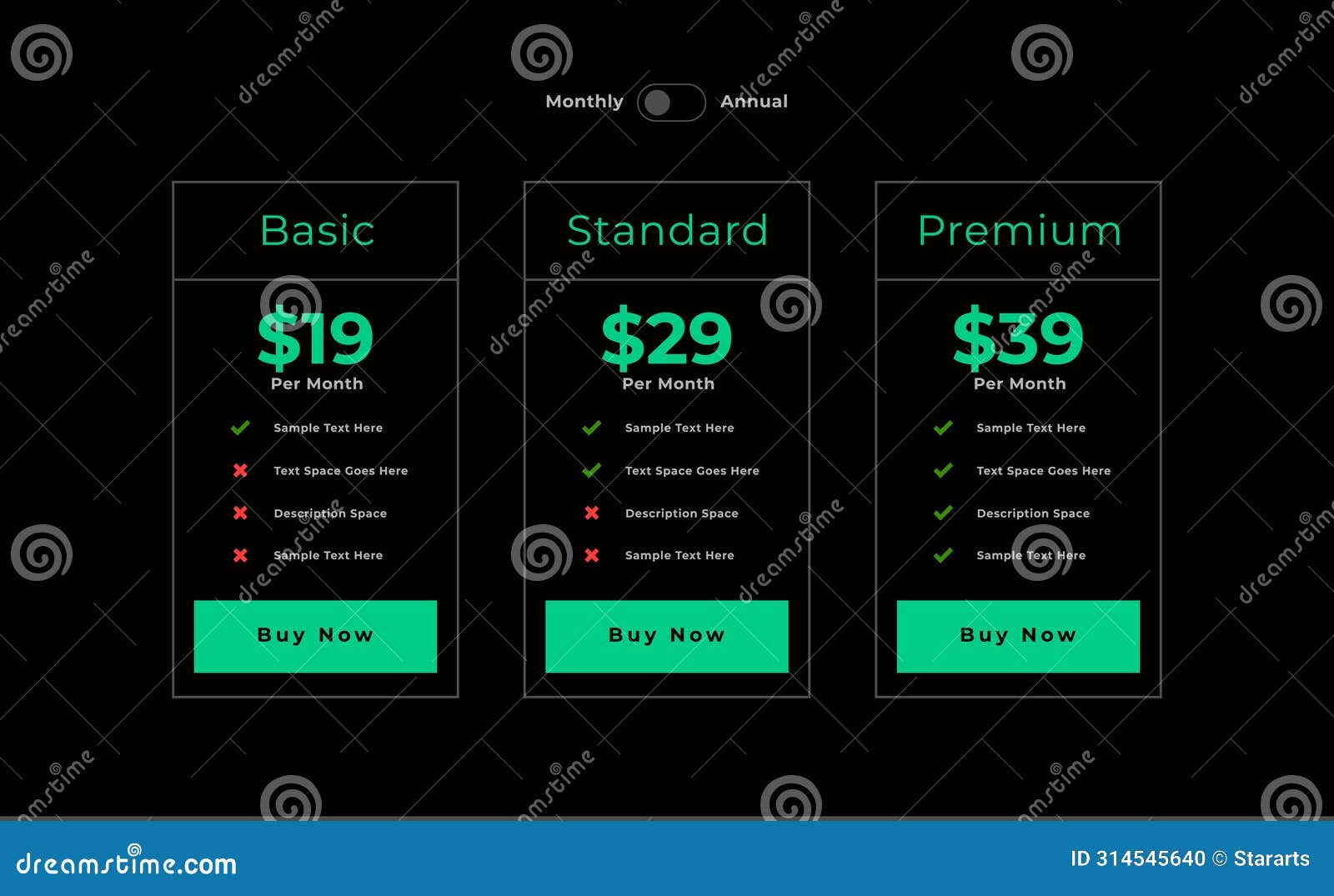 3 Column Pricing Chart Table Dark Template for Website App Stock ...