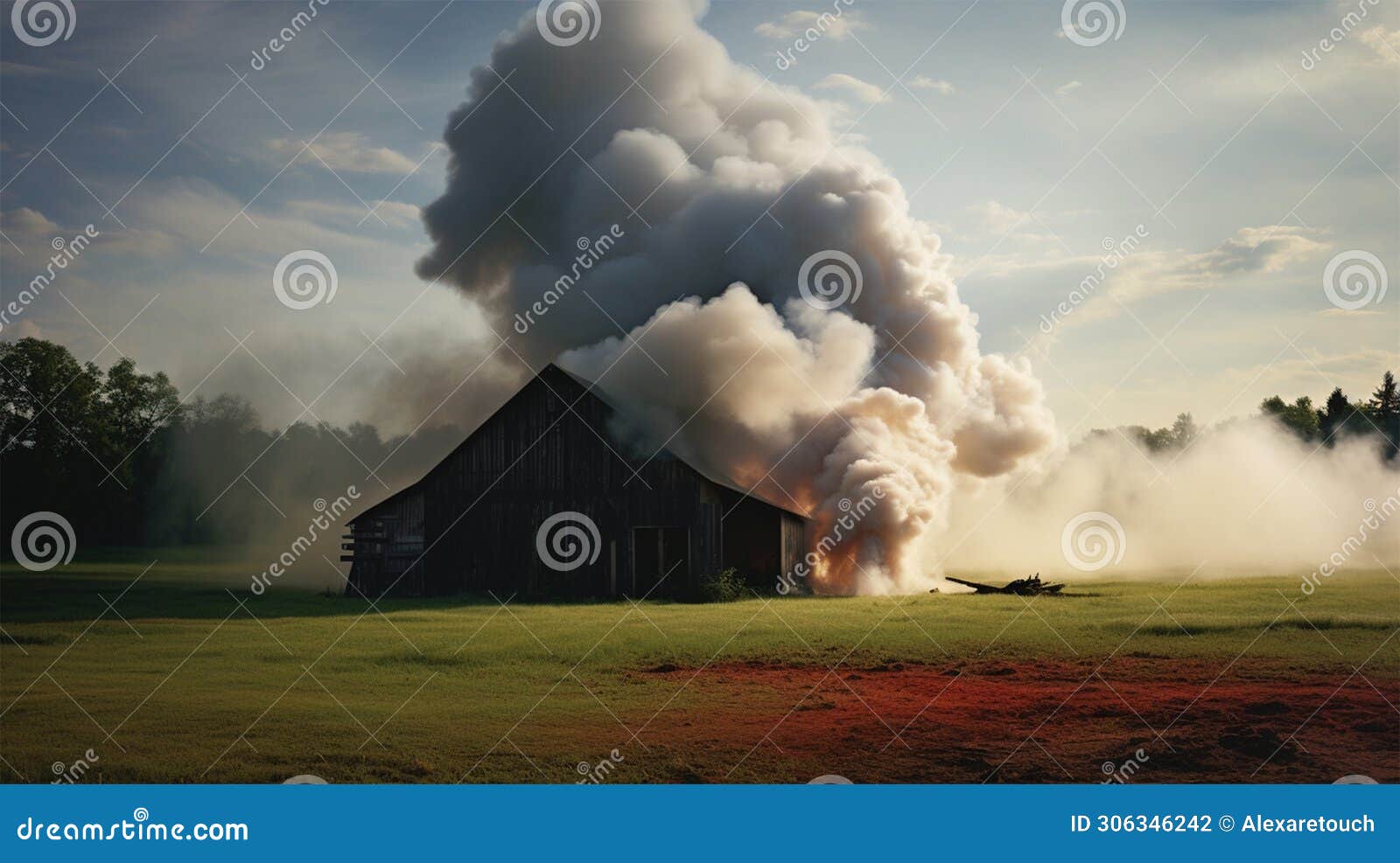 A Column of Smoke Rises into the Air Above a Barn in a Field Stock ...