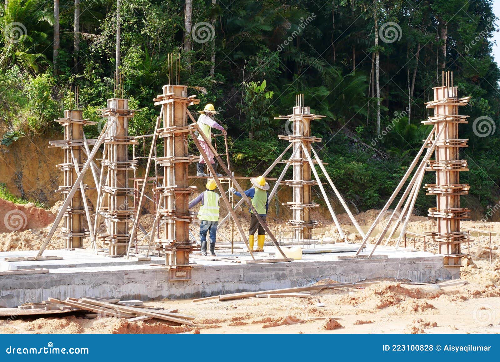 Column Timber Formwork and Reinforcement Bar at the Construction Site ...