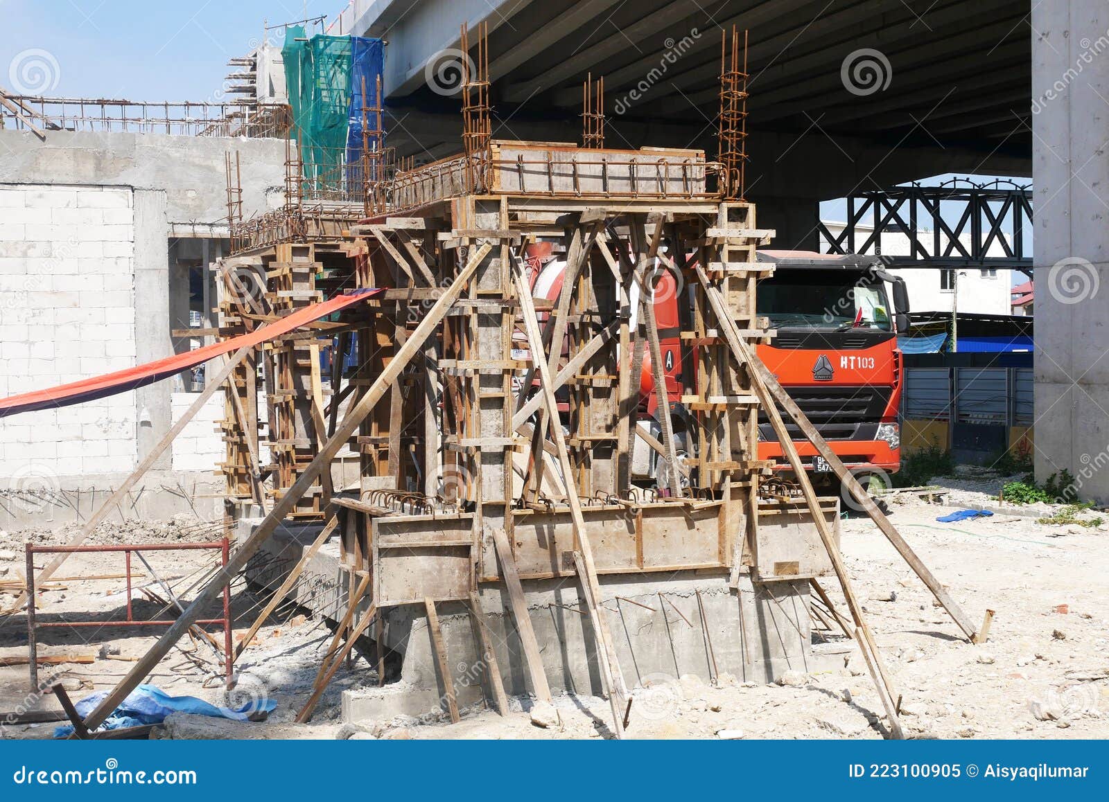 Column Timber Formwork and Reinforcement Bar at the Construction Site ...