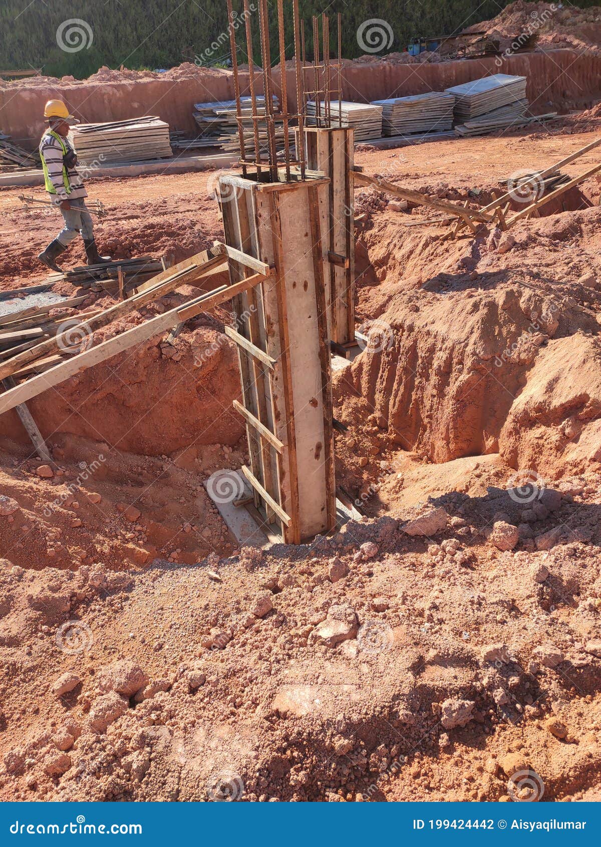 Column Timber Formwork and Reinforcement Bar at the Construction Site ...