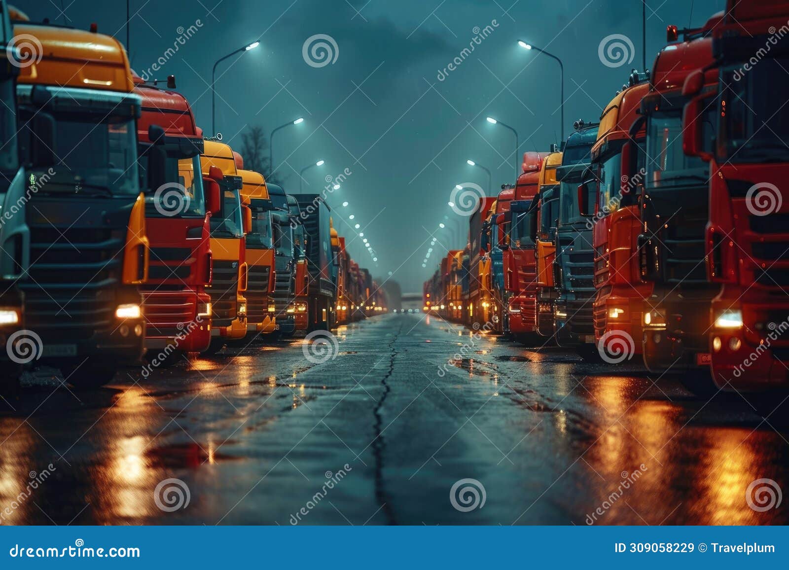 A Column of Trucks, Lorries Stands on the Road Waiting for Loading ...