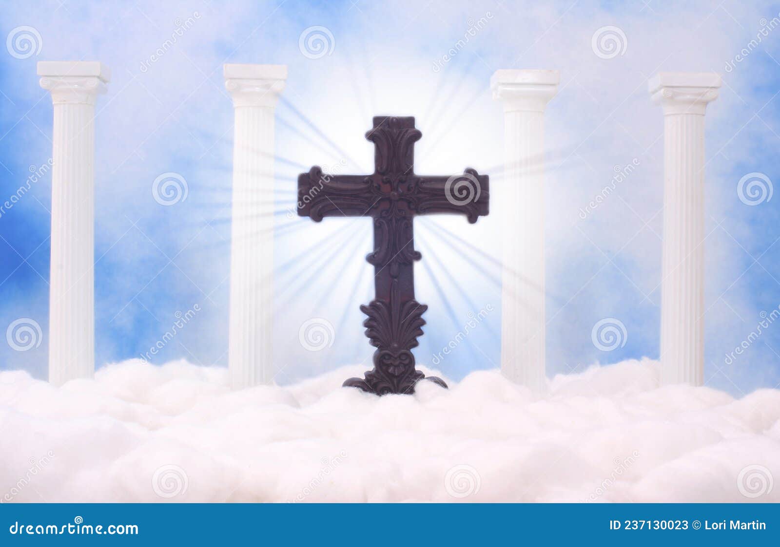 Heaven Columns and Clouds with Blue Sky and Cross Stock Image - Image ...