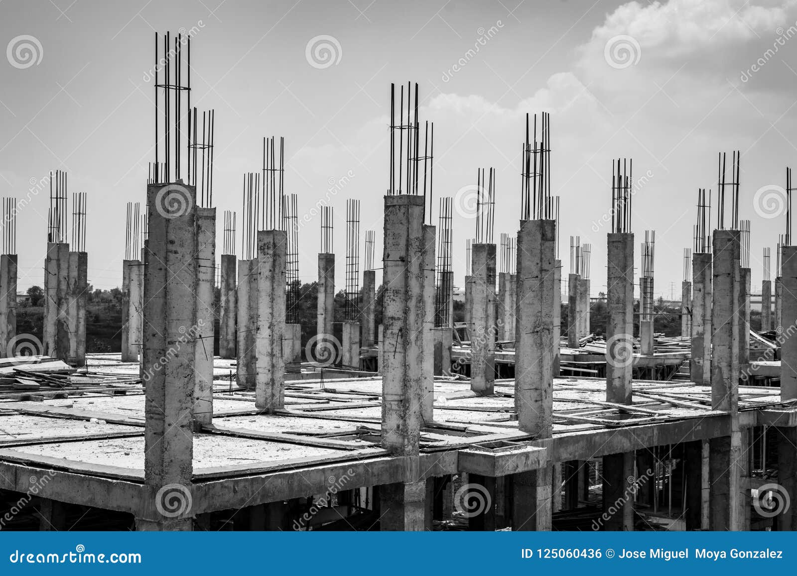 Columns Under Construction in Yangon Outskirts, Black and White Image ...