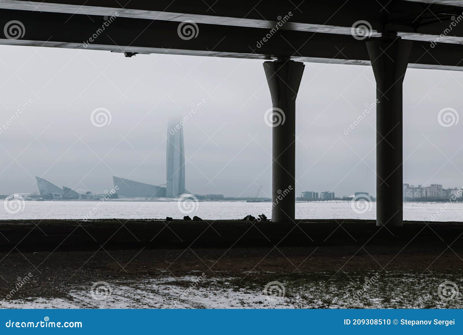Columns Under the Flyover and a Tall Skyscraper in the Distance. Stock ...