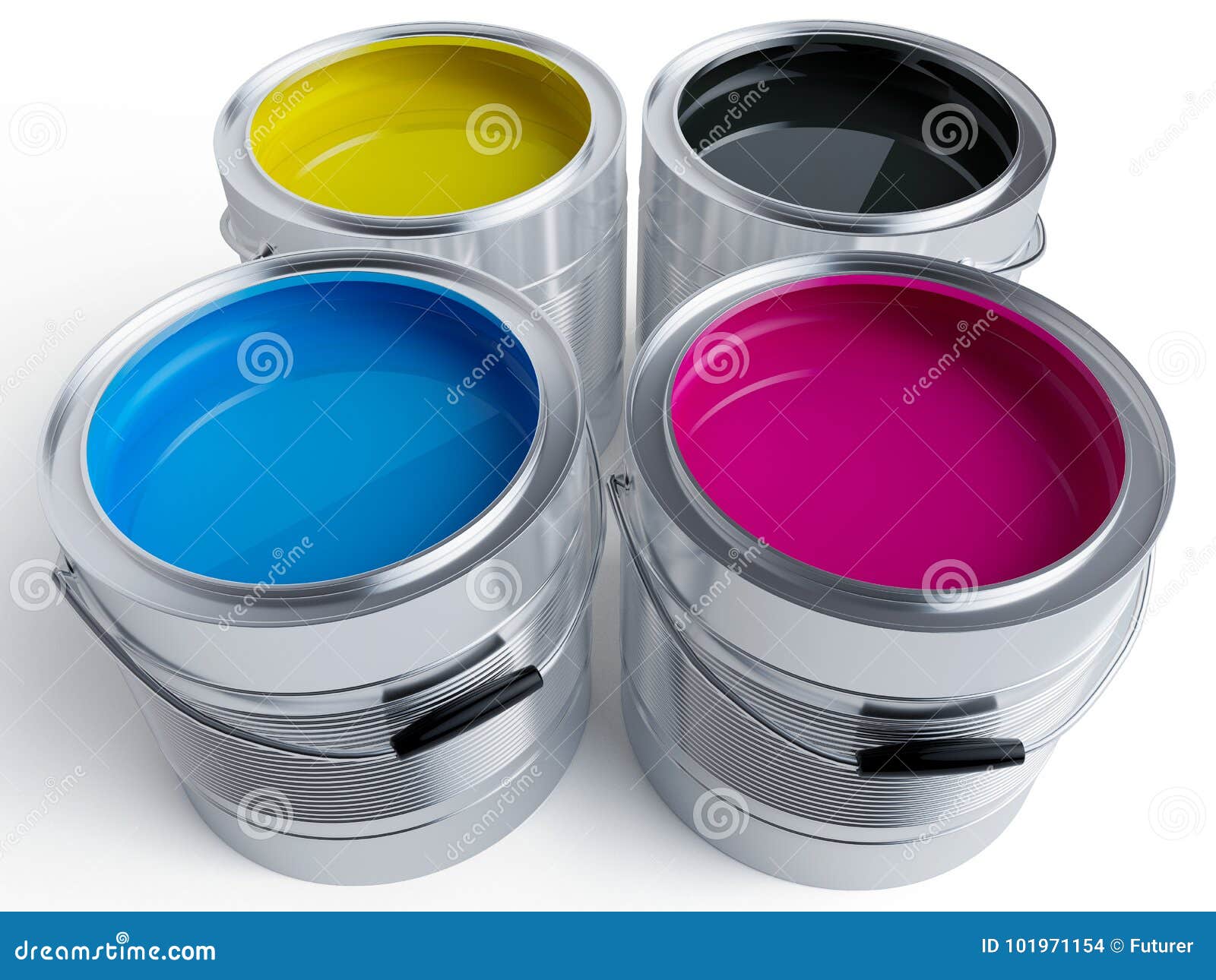 Colurful Paint Buckets in CMYK Colors on White Background - 3D ...