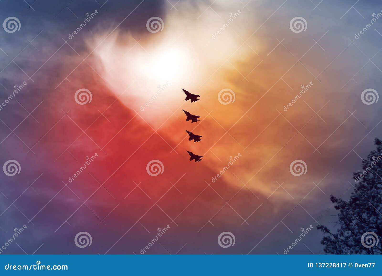 Combat Aircraft Fighters Fly Against the Red Fire Sky. Jet Squadron ...